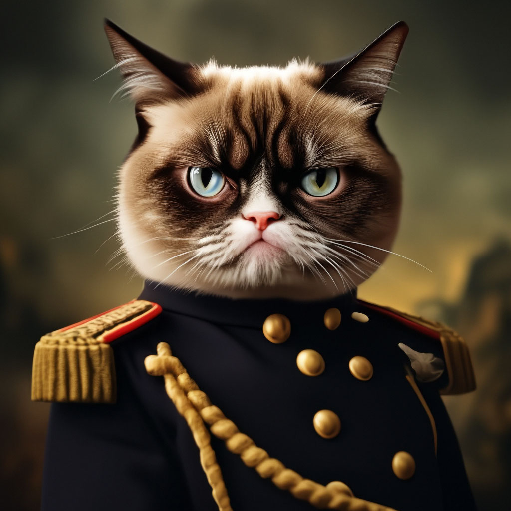 "Grumpy cat marshal of the Soviet Union, black clothes" — image created ...