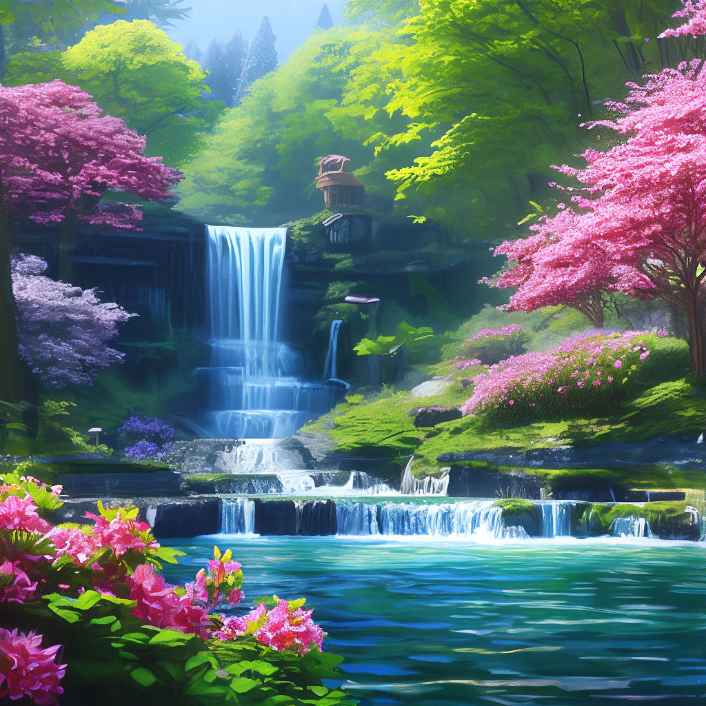 "Waterfall on a gentle descent meanders into a crystal lake, trees on ...