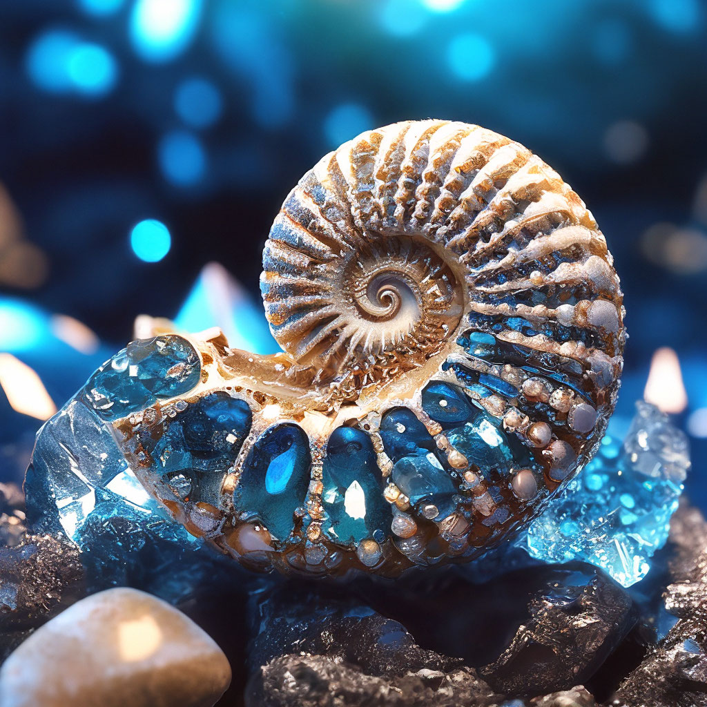 "Mother-of-pearl ammonite + stone + sapphire crystals inside on the ...