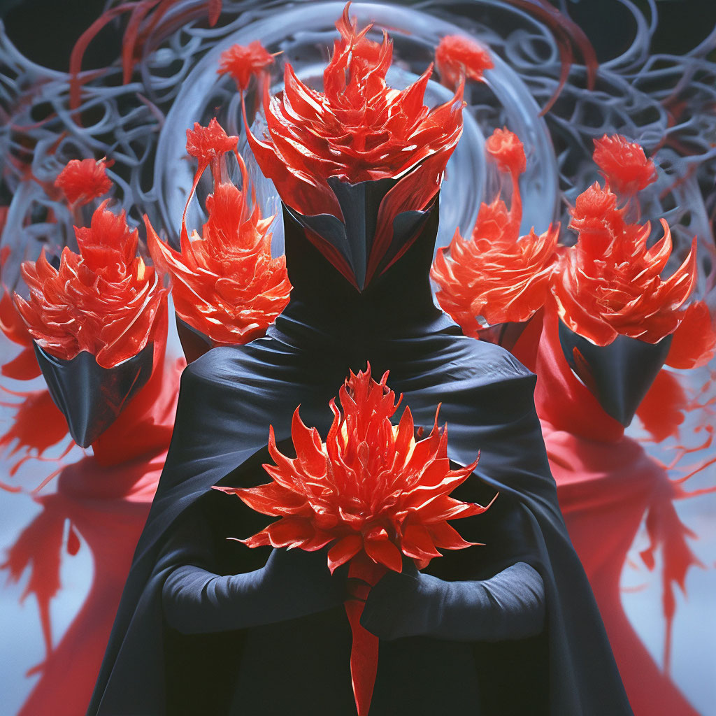 "Hyperrealism, a group of creatures in red capes and patterned black ...