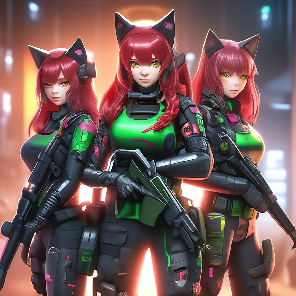 "A group of cat girls half-cyborgs from special forces with weapons in ...