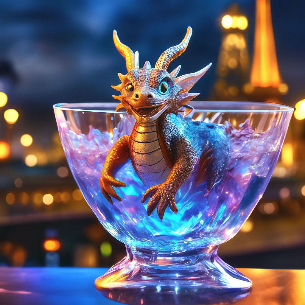 "A micro dragon floats in a large giant glass of champagne, semi ...