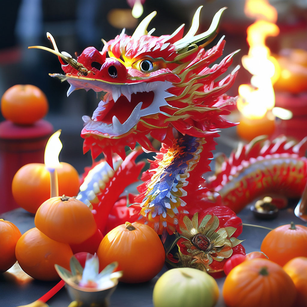 "Firecracker, scarlet candles, tangerines, fireworks, dragon, new year ...