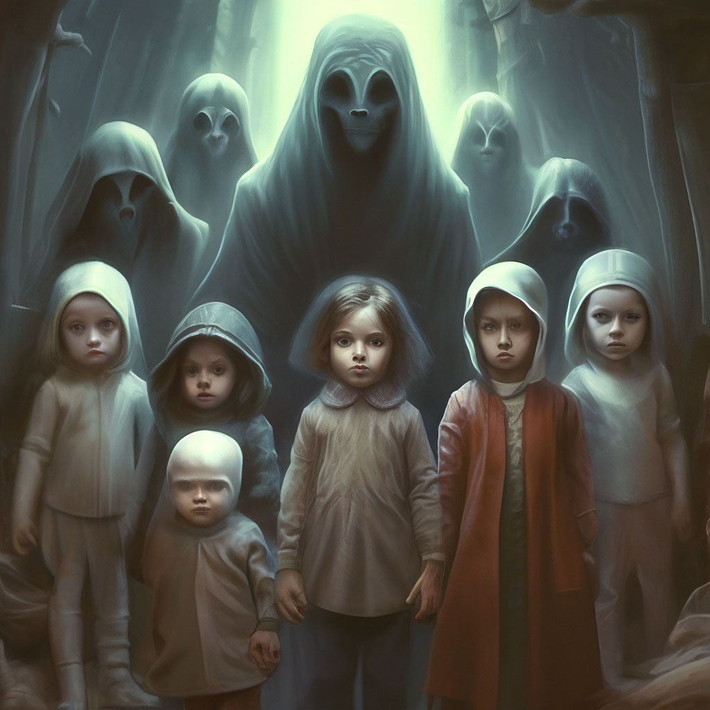 "A group of children with a creepy entity in the background" — image ...