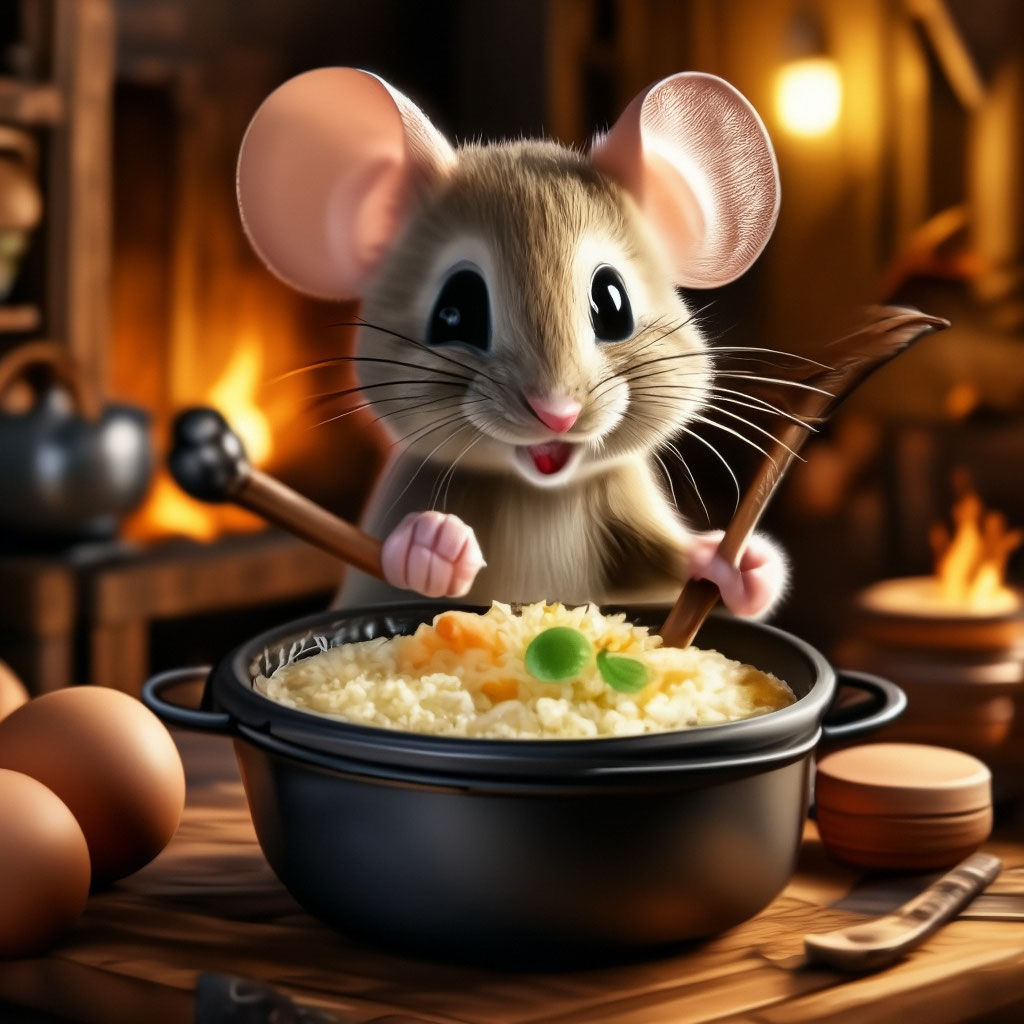 "A little cartoon mouse cooks porridge in an old kitchen" — image ...