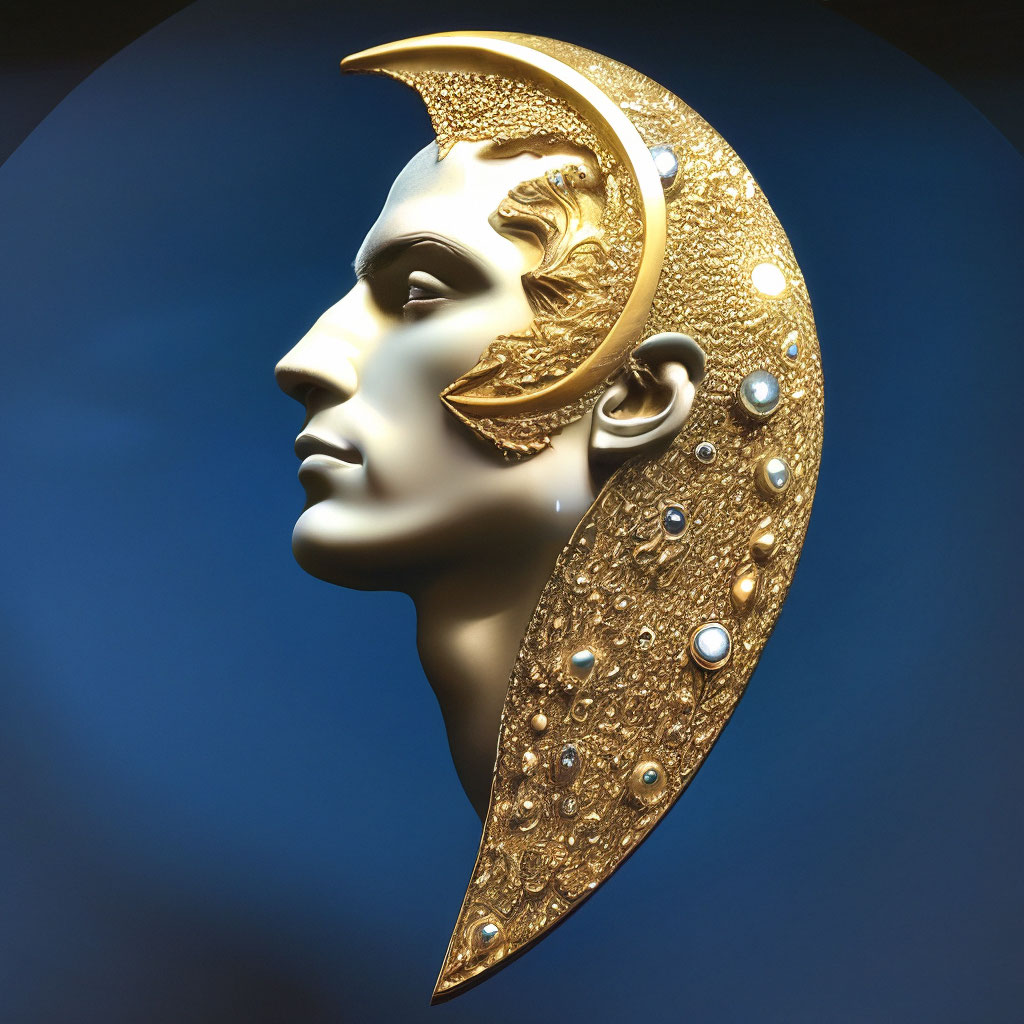 "Pale golden crescent moon + male face in profile, a mix of a crescent ...