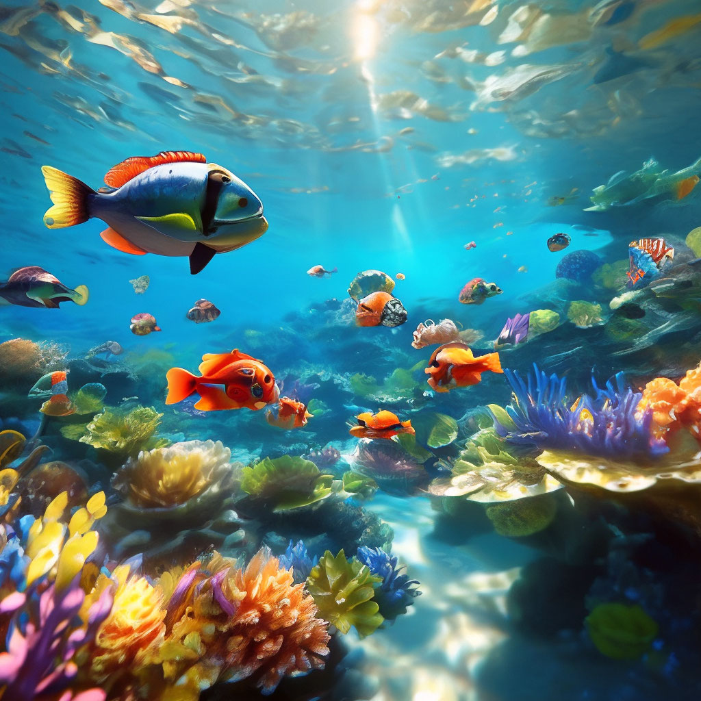 "Realistic sea with lots of fish" — image created in Shedevrum