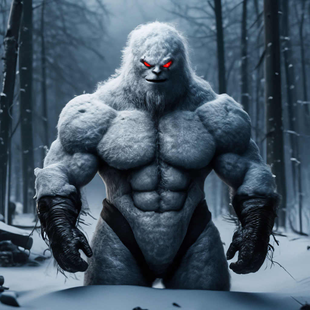 "A BRUTAL HUMANOID SNOWMAN WITH A BARE, INFLATED TORSO, STANDS AT THE ...