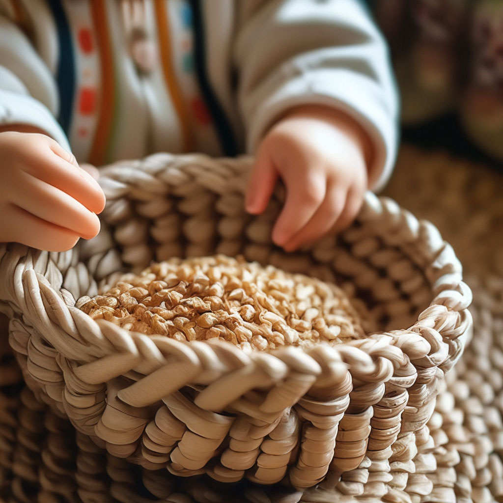"Basket in the technique of weaving from a paper vines. The kid runs ...