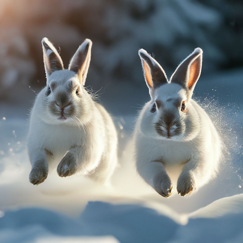"Bunnies jumping in the snow staged dynamic frame, professional photo ...
