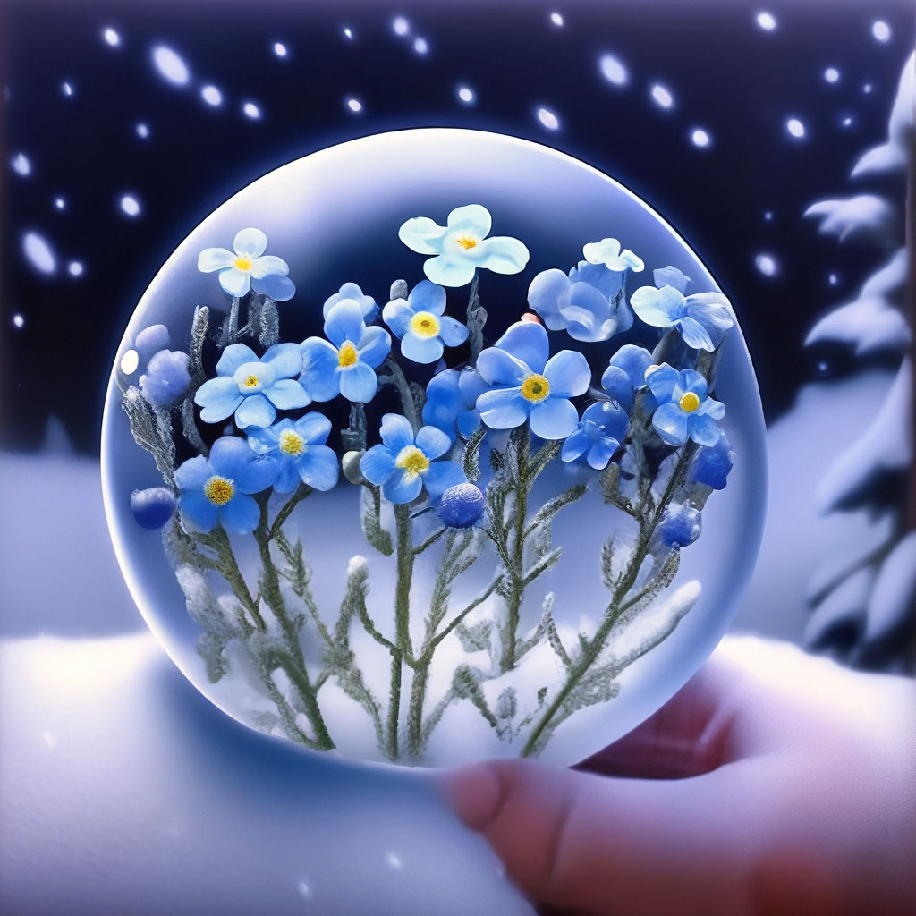 "A ball of forget-me-nots, snow, winter, frost, northern lights ...