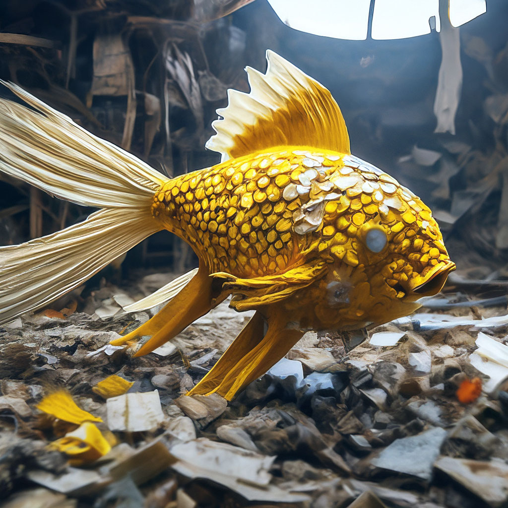 "Diy from pieces of garbage, goldfish in the style of Picasso drawing ...