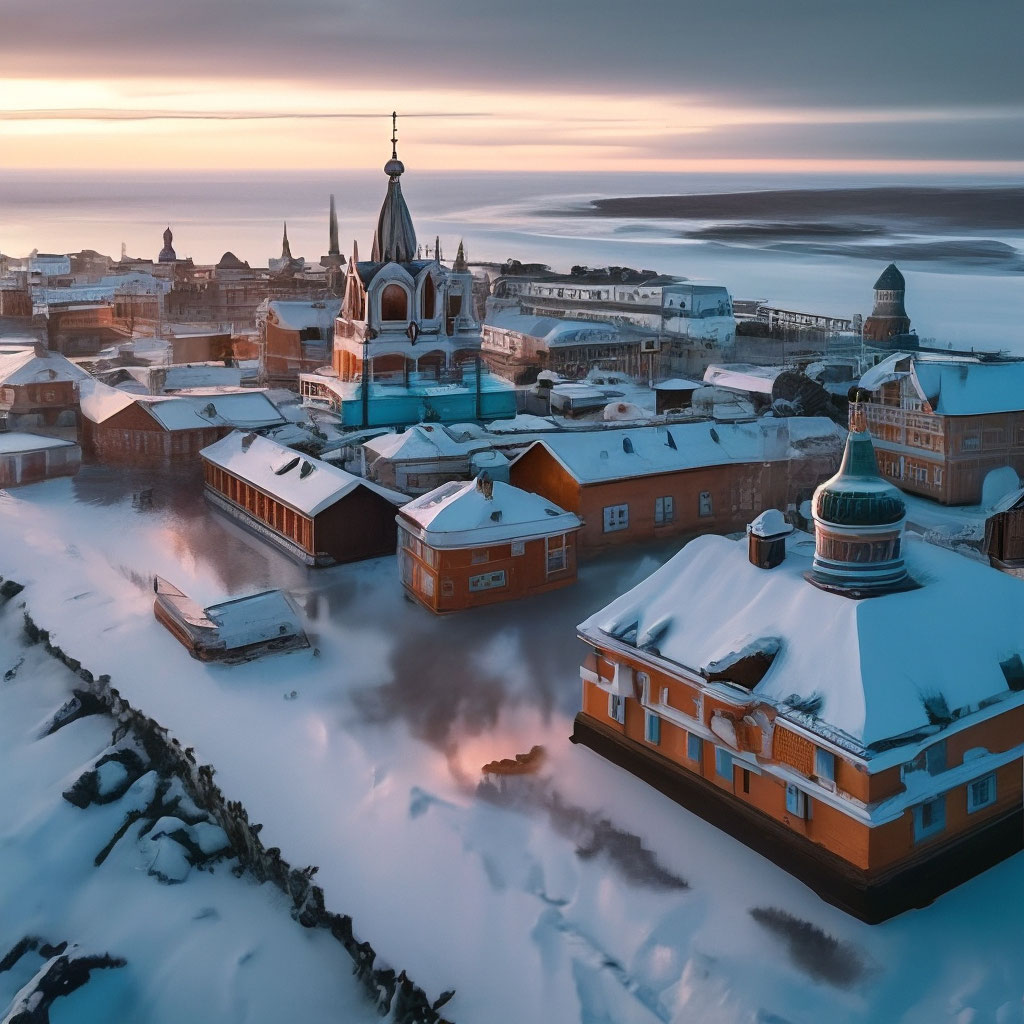 "Russian city in winter on the Novaya Zemlya archipelago, beautiful ...
