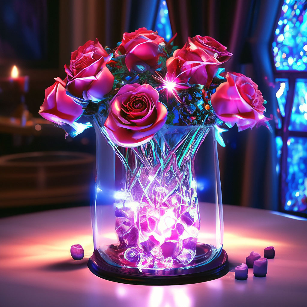 "Gothic, hyperrealism, enchanted, vase with laser roses, tornado on the ...