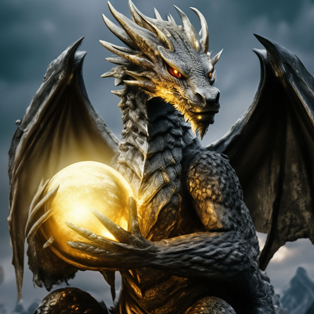 "Fantasy, mysticism, stone dragon holding in its claws a huge golden ...