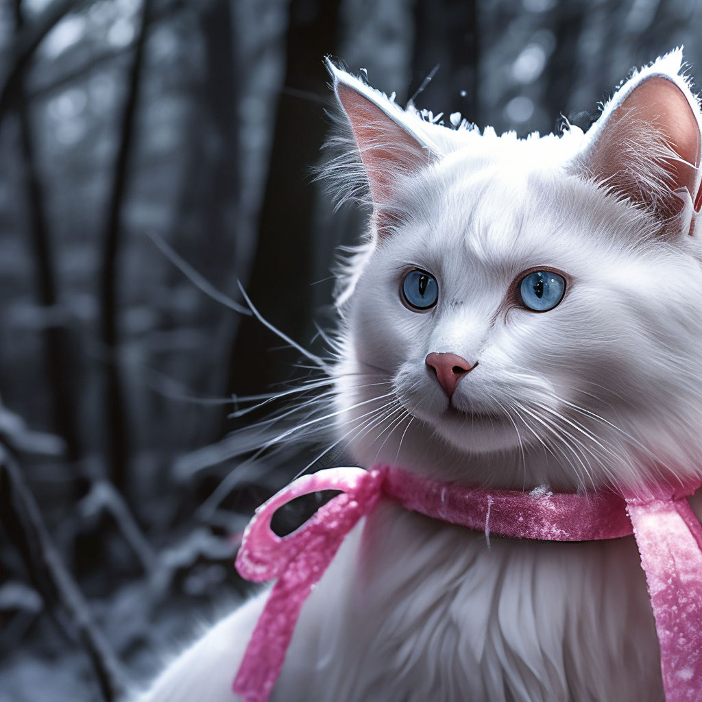 "Hyperrealism white cat with pink ribbons, hyper-detailing of fur, eyes ...