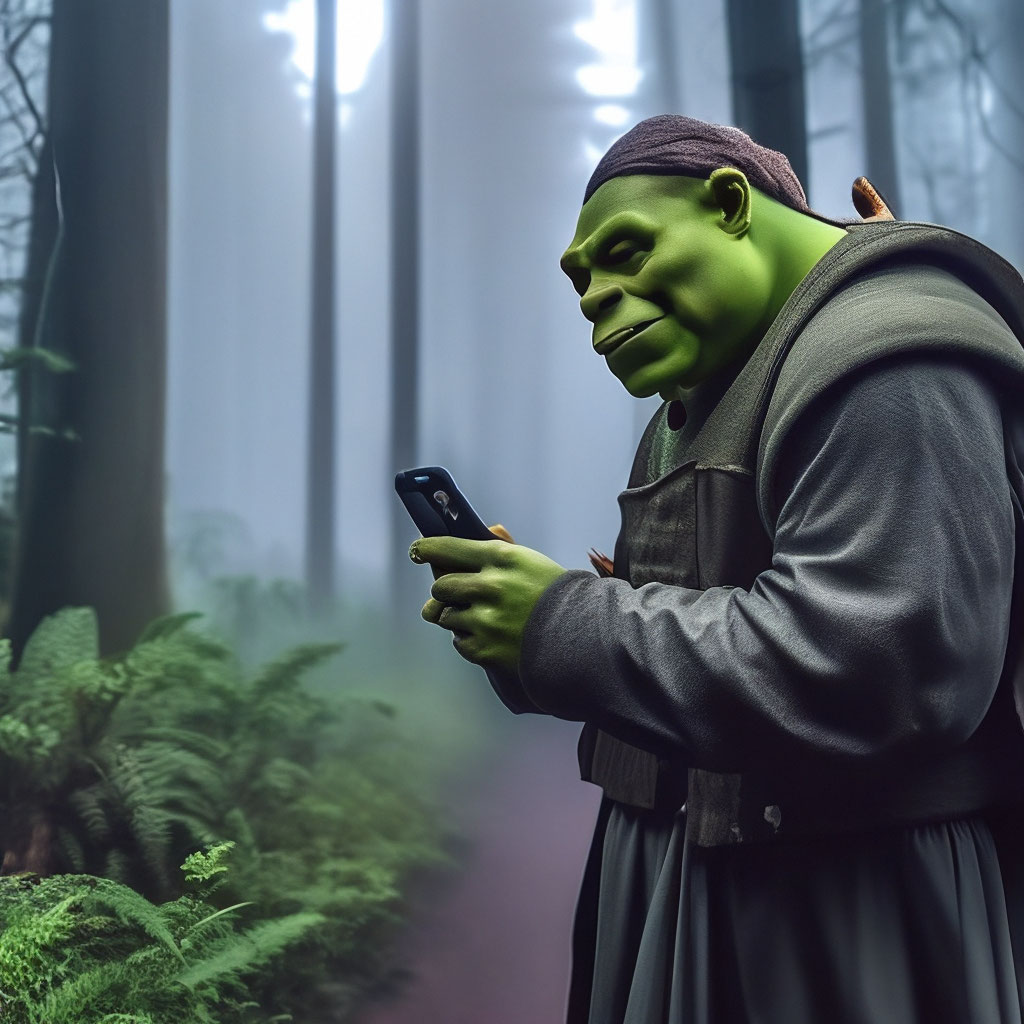 "Shrek walks through a dark forest in the fog looking into an android ...