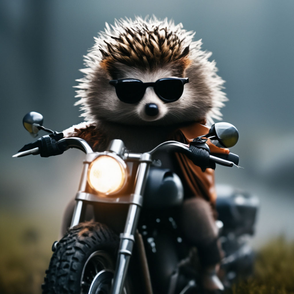 "A cool hedgehog in dark glasses rides a Harley motorcycle in a milky ...