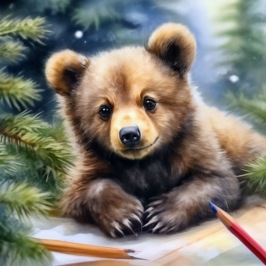 "Watercolor, fine drawing, pencil outline, cute realistic bear cub ...