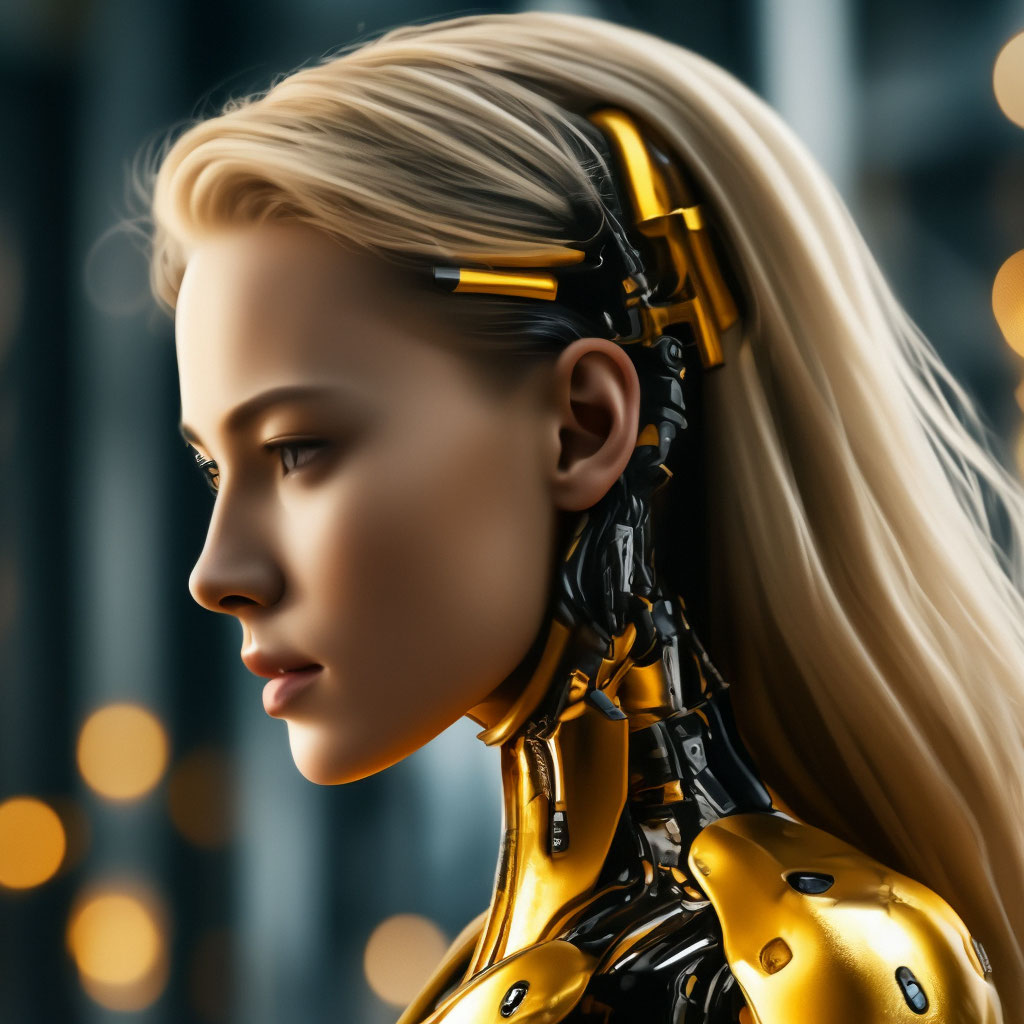 "Humanoid yellow robot blonde girl, beautiful figure, in profile ...