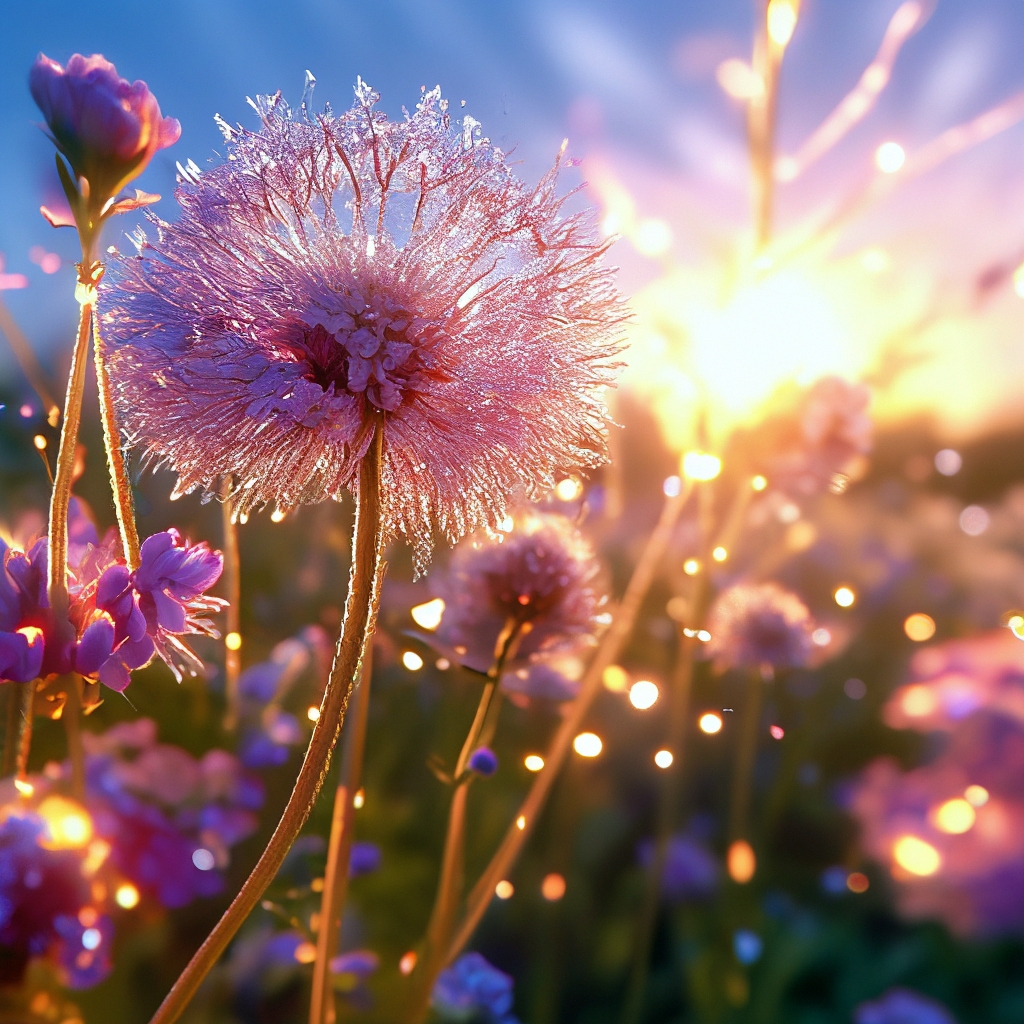 "Terry flower, field, bright wildflowers, dawn sparkles, soft light ...