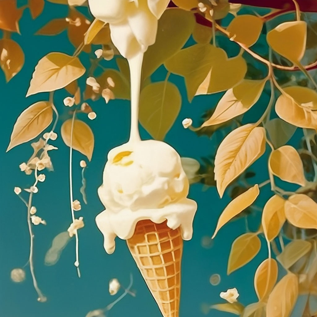 "Delicate cream ice cream, flows down a tree vine, straight to the ...