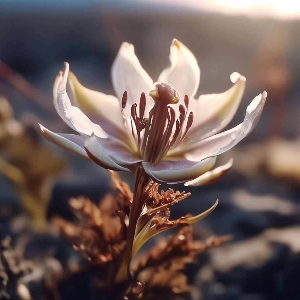 "Unusual rare fragile plant, ancient flower, morning race on the petals ...