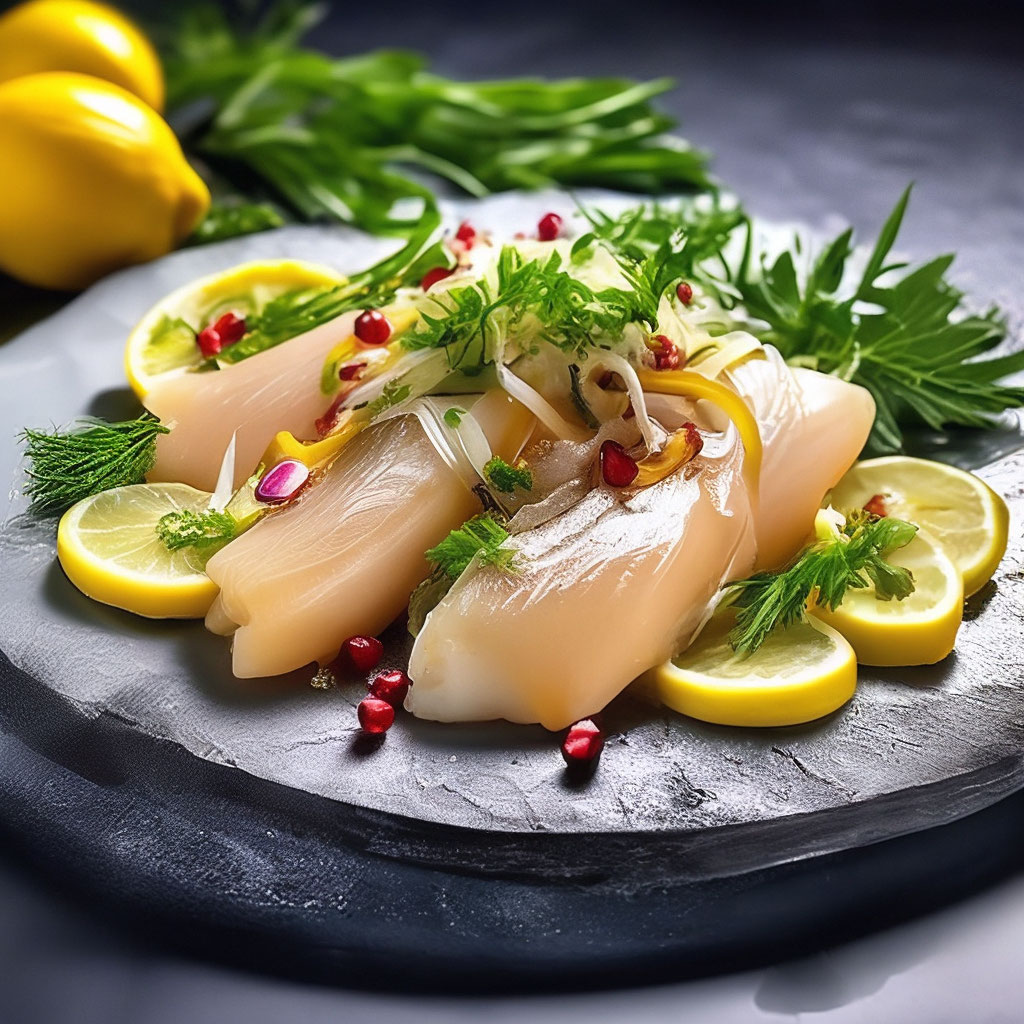 "Indigirka, salad of frozen fish fillet slices, onions, spices, lemon ...