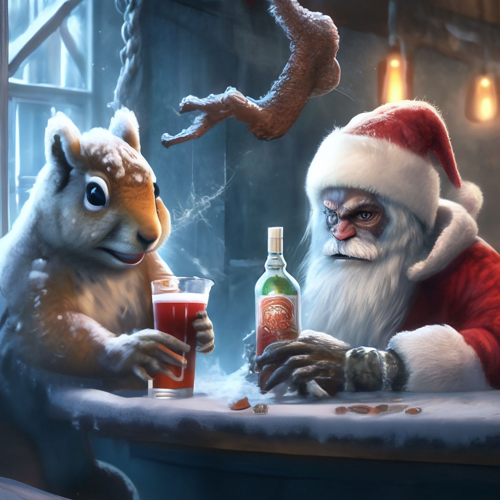 "Sad frozen Santa Claus is drinking in a bar with a scary squirrel ...