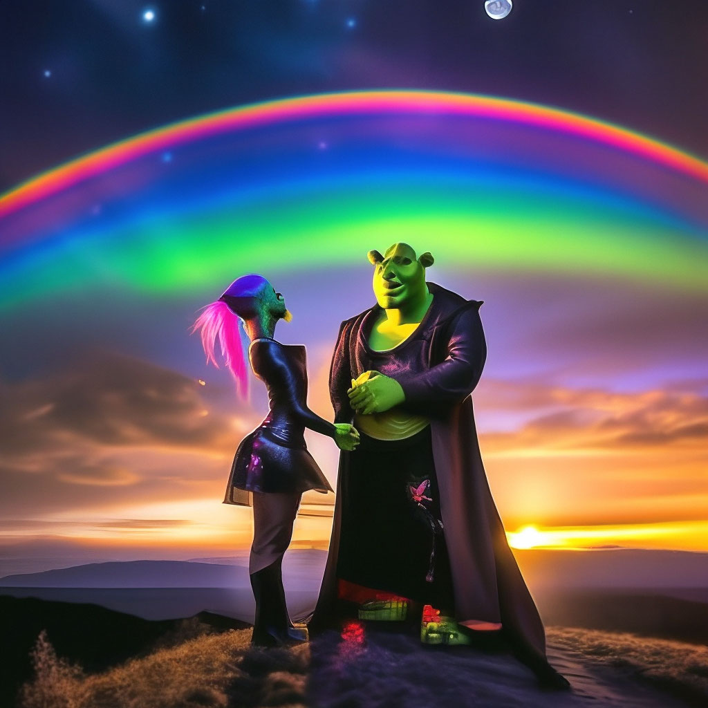 "Vampire and Shrek under: Moon in rainbow Skies, Glitter, Fantasy ...