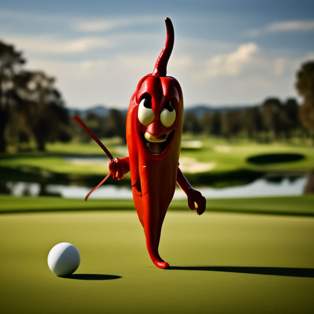 "Crazy chili pepper on the golf course" — image created in Shedevrum