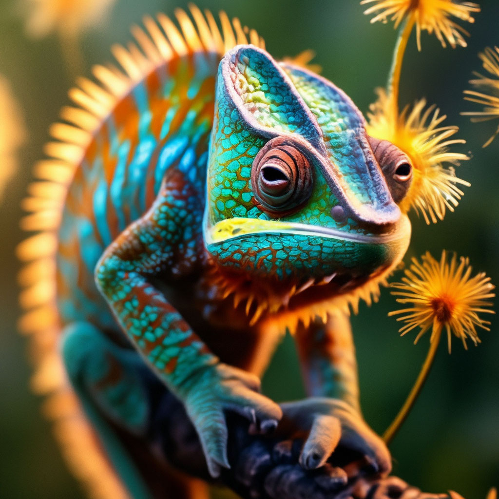 "Symbiosis of dandelion parrot chameleon, on a branch, hyper-detail ...