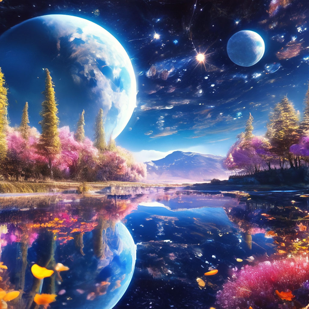 "Dream planet, lakes, reflection of space,horror epic fabulously ...