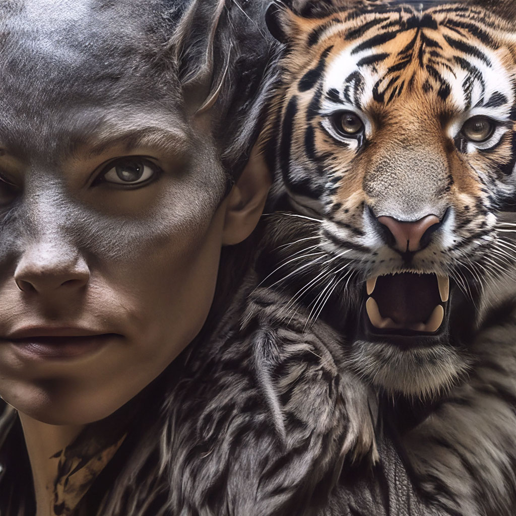 "Symbiosis, a mixture of human faces and Tigers, a portrait, high ...