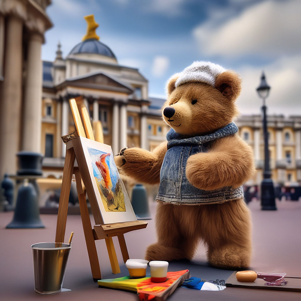 "A small, very cute shaggy, mega-fluffy bear- artist, in a beret, a ...