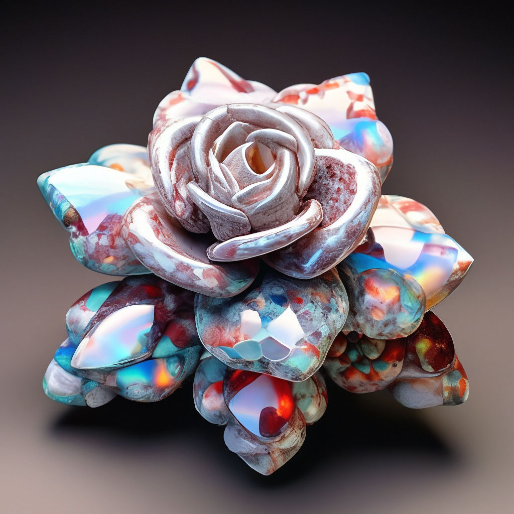 "A rose made of complex matter in a symbiosis of marble, diamond, opal ...