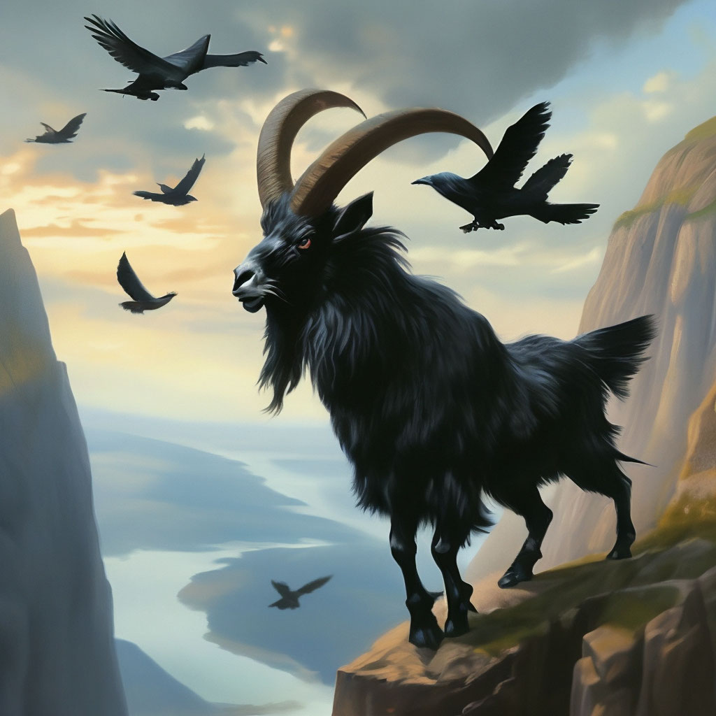 "Goat with horns black crows fly over the cliff to the districts ...
