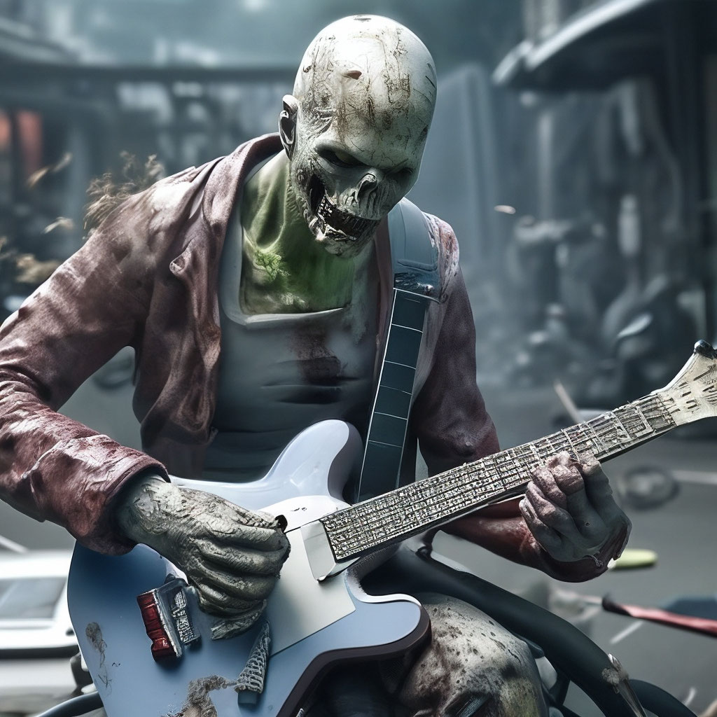 "Zombie playing electric guitar, hyperrealism, hyperdetalization ...