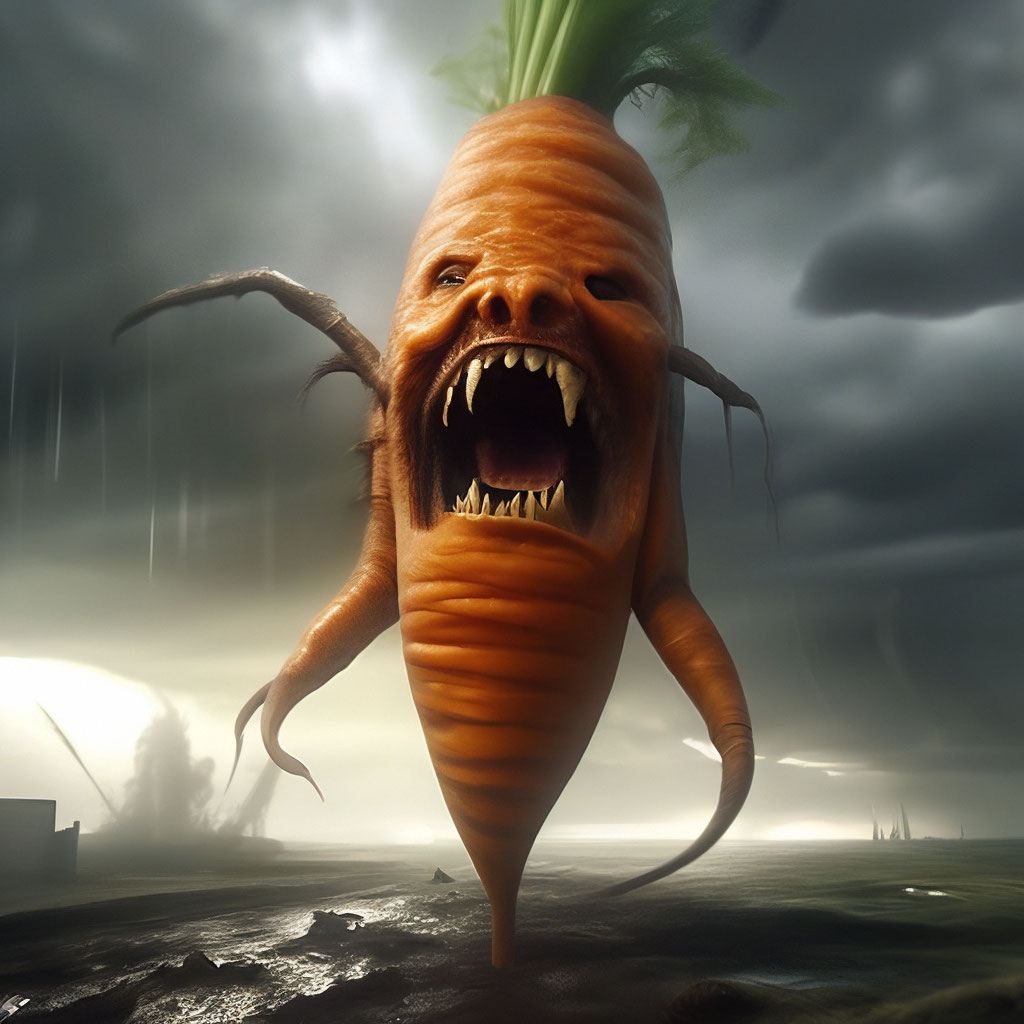 "Giant screaming fanged evil carrot" — image created in Shedevrum