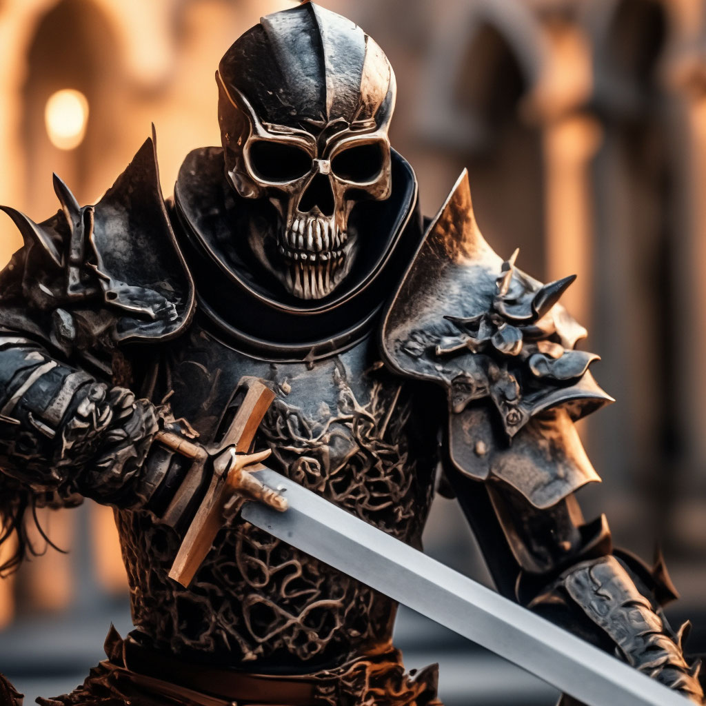 "Skeleton knight in black armor, with a big sword, fighting with the ...