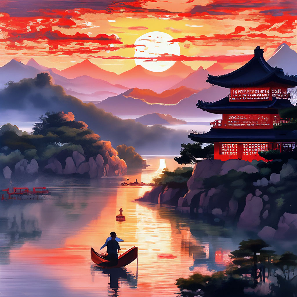 "Chinese traditional ink painting,haboku landscape, sunset from behind ...