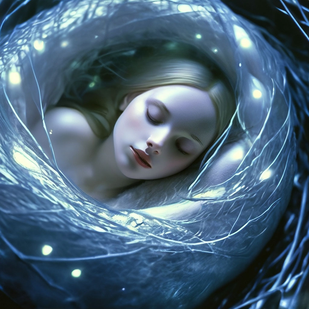 "Ultra-realistic,in an oval cocoon of transparent shiny water threads ...
