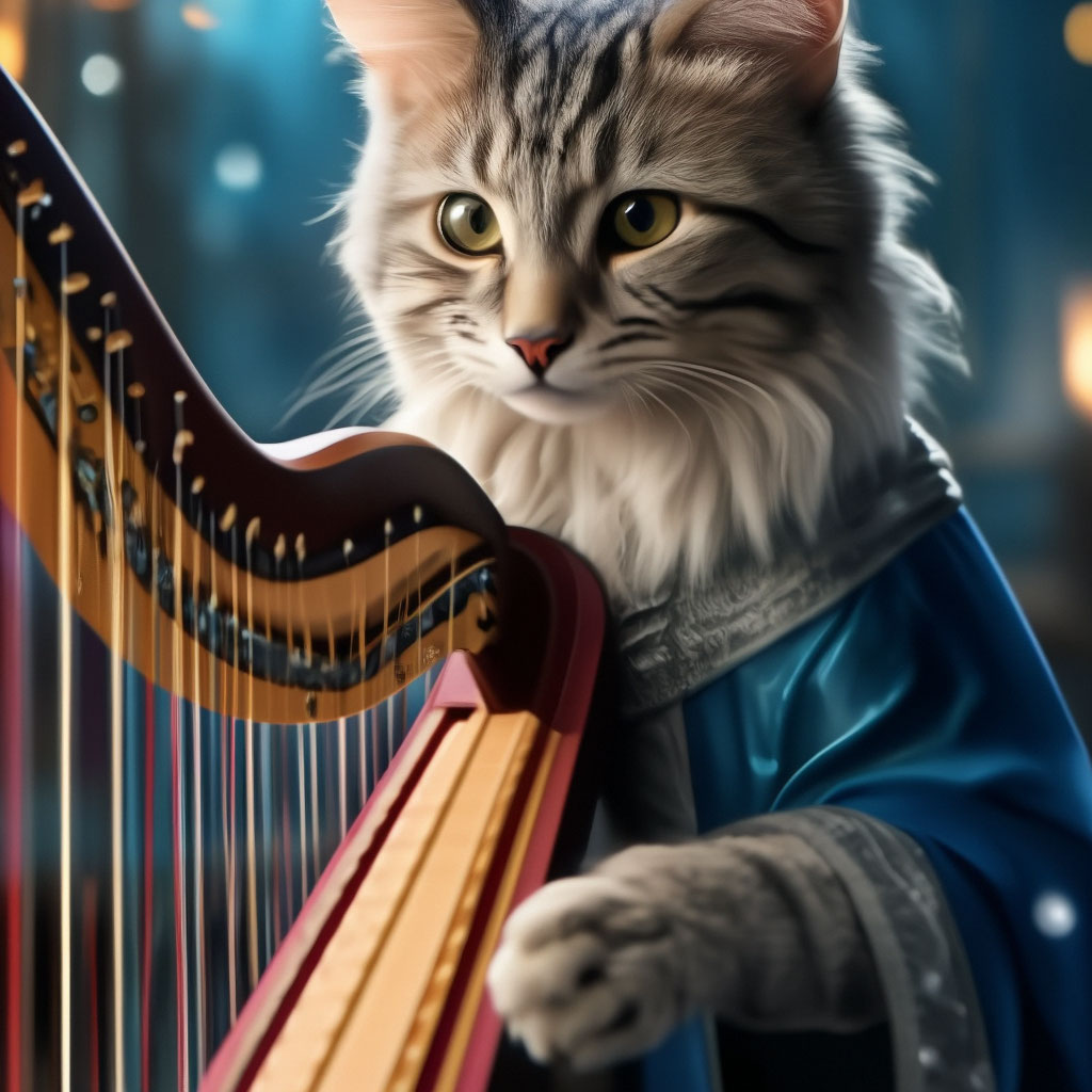 "On a magical night, a cat plays the harp high quality,clear details,3D ...