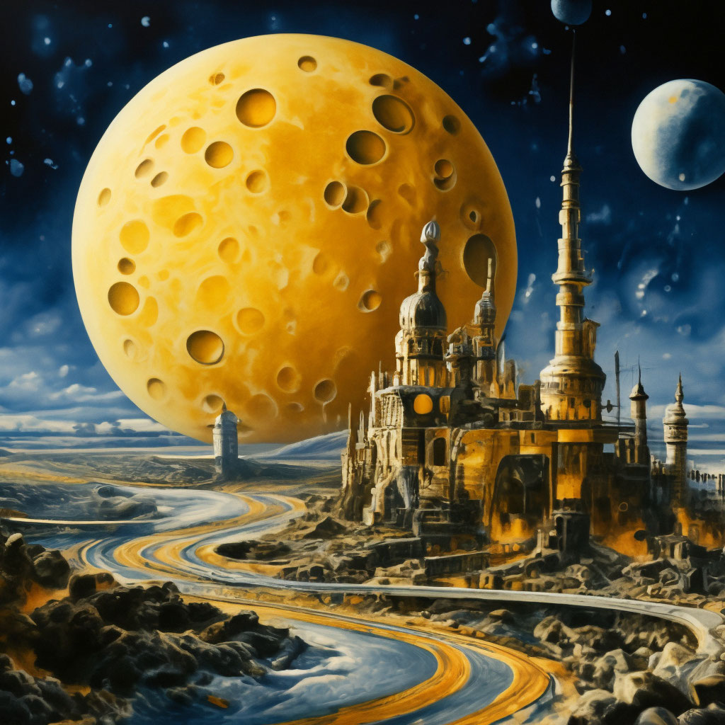 "Cheese Moon on the cheese planet Watercolour. Grotesque, humor ...