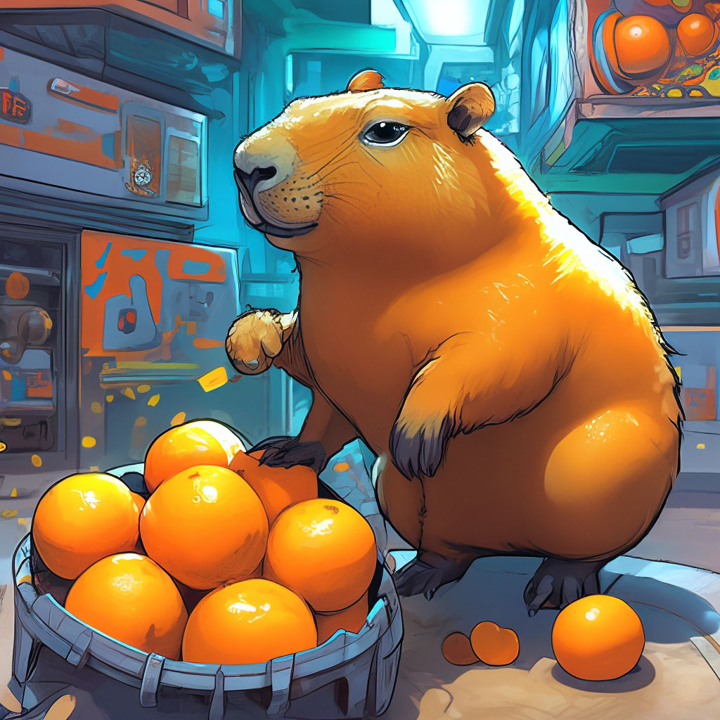 "Capybara sells oranges" — image created in Shedevrum