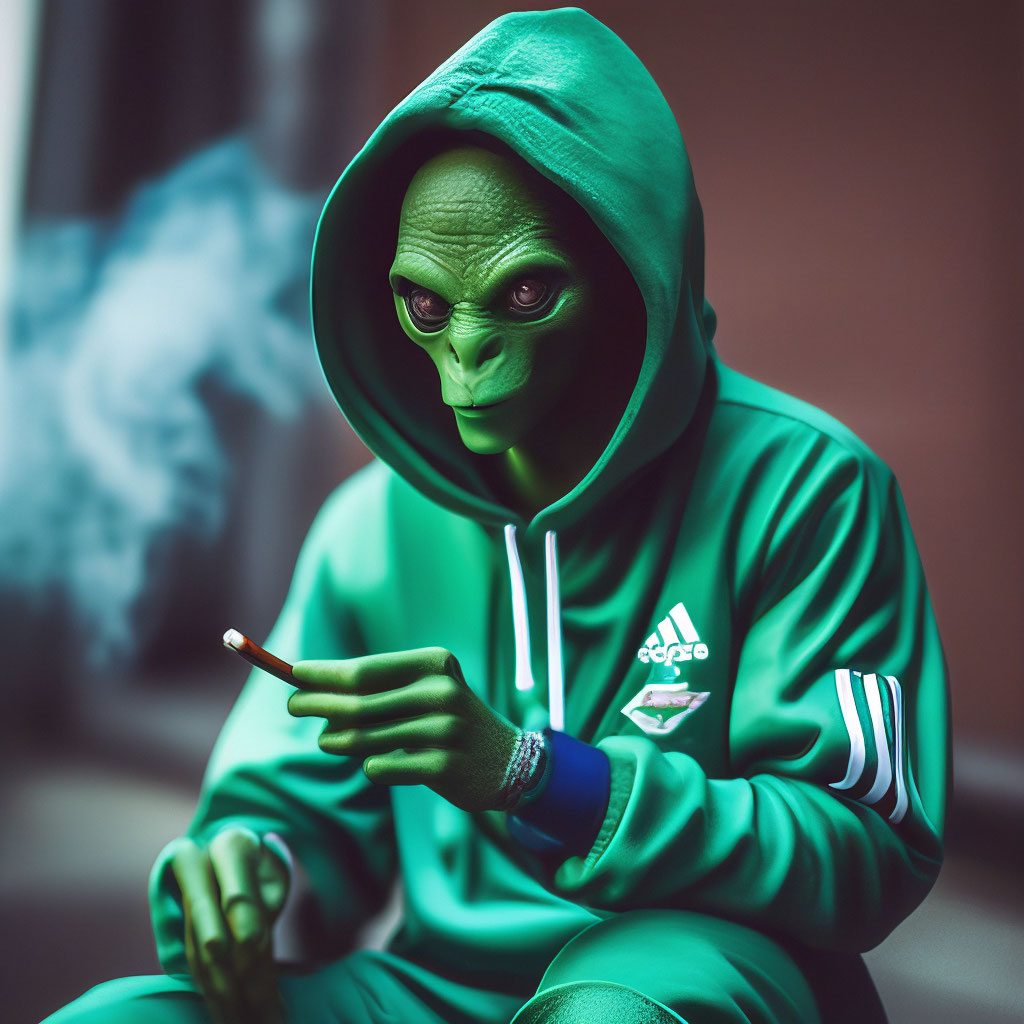 "Friday 13. A humanoid alien with green skin, big deep black eyes, in a ...