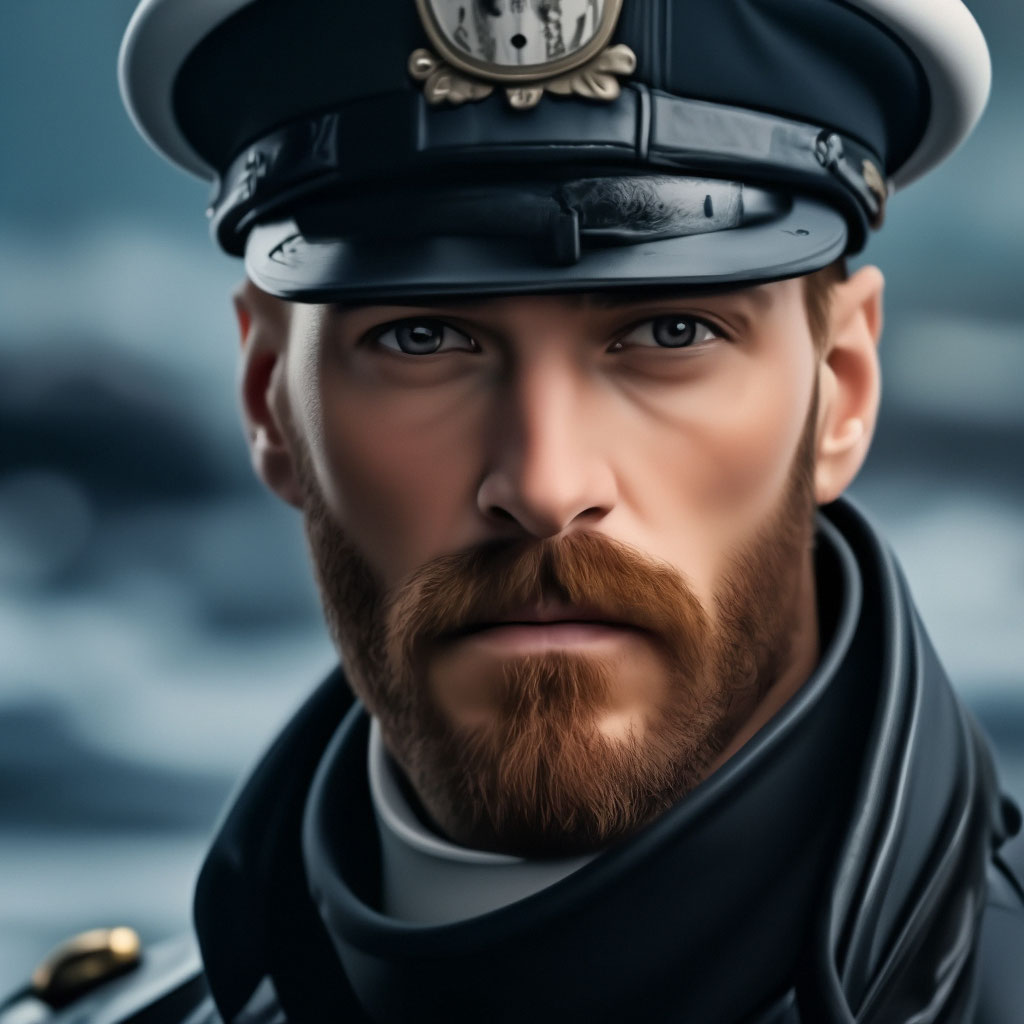 "German submarine commander, beautiful, realistic, close-up ...