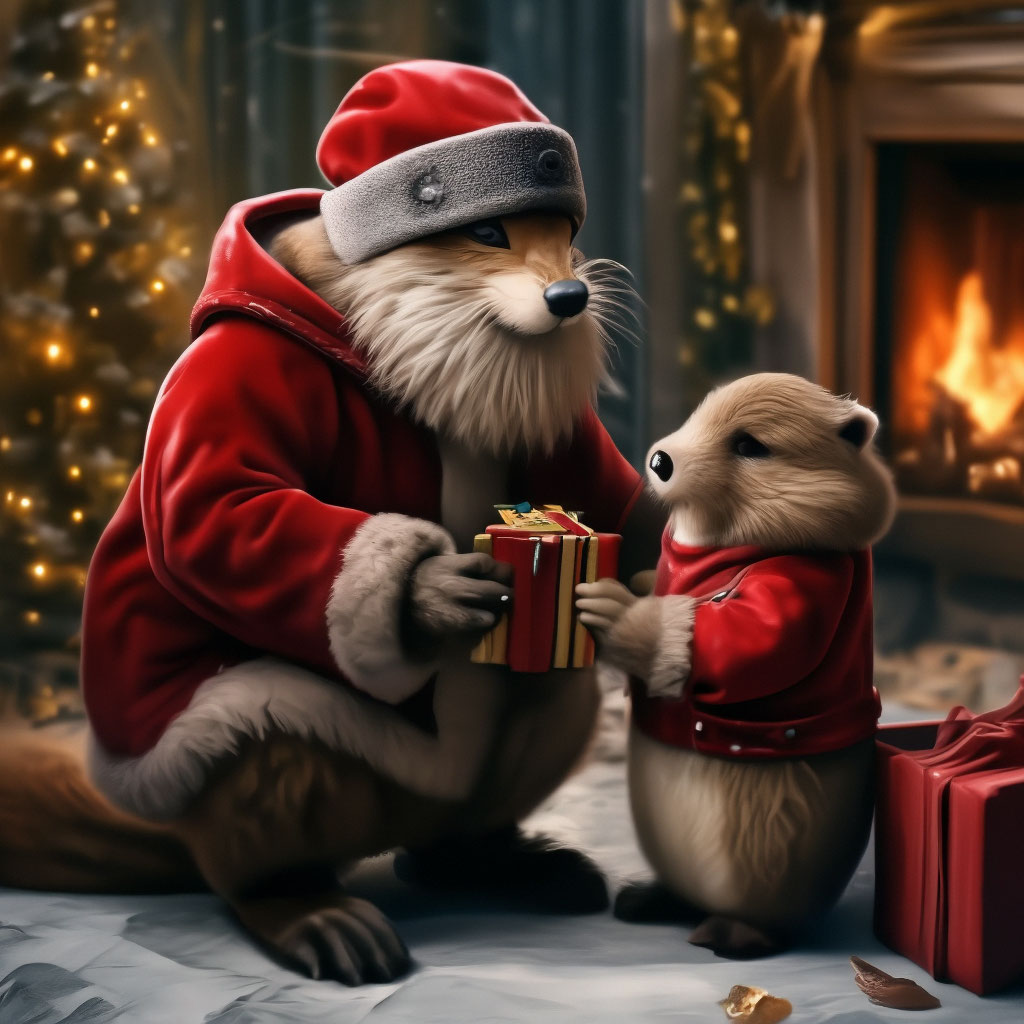 "Beaver-Santa Claus gives gifts" — image created in Shedevrum