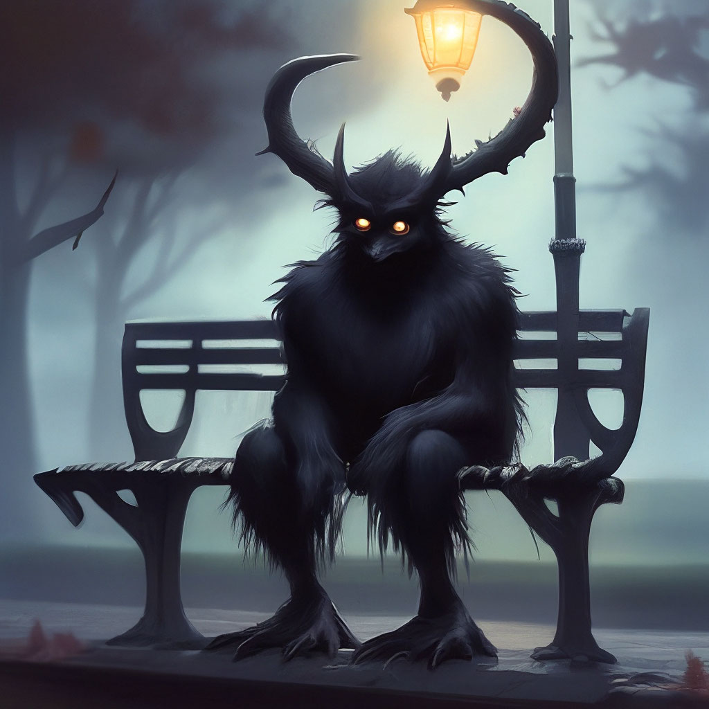 "Sad anthropomorphic monster with horns, black, sitting on a park bench ...