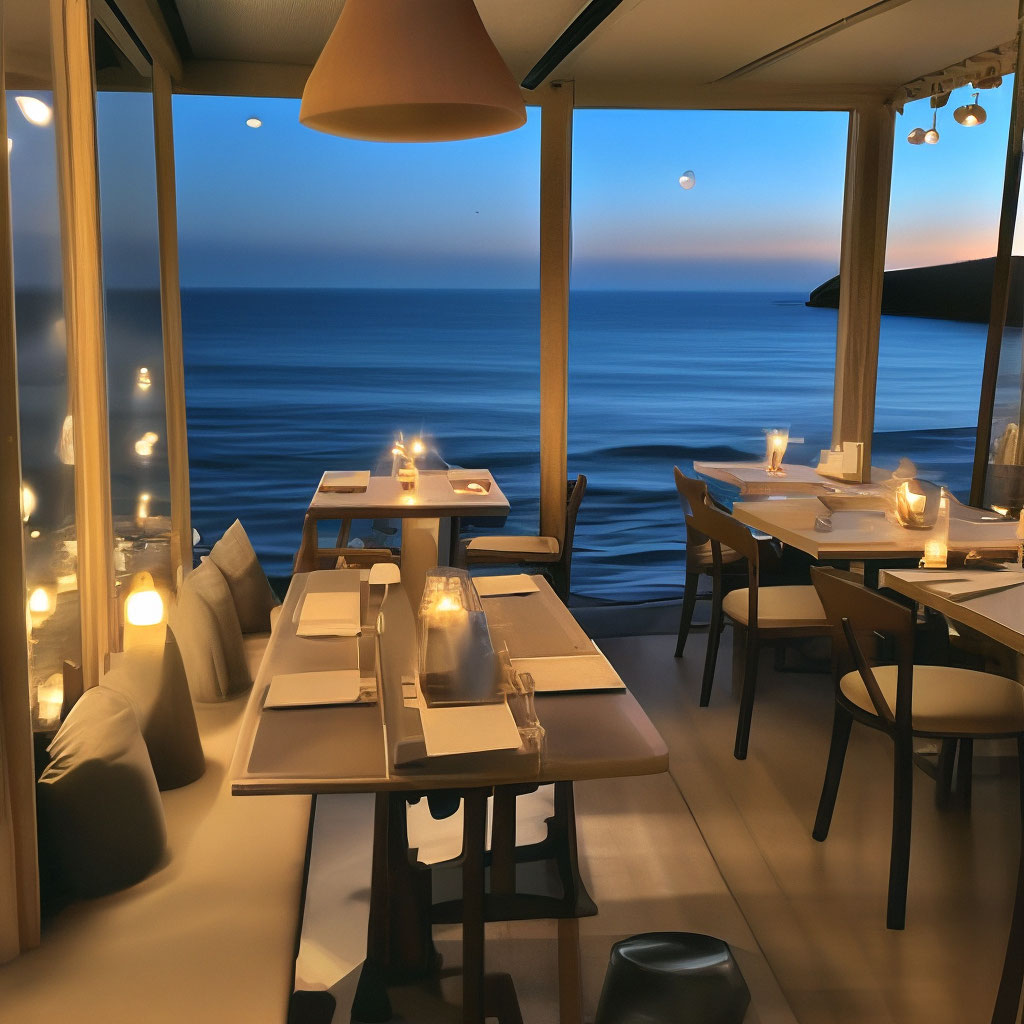 "Good night.the interior of a very small night restaurant on the ocean ...